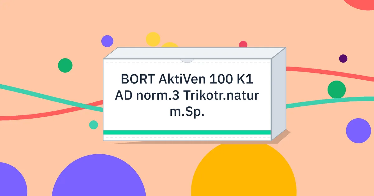 Symbolbild: Packung mit der Aufschrift BORT AktiVen 100 K1 AD norm.3 Trikotr.natur m.Sp. (PZN 13726129) – Verfügbarkeit und Bezug in Apotheken in Frankfurt am Main