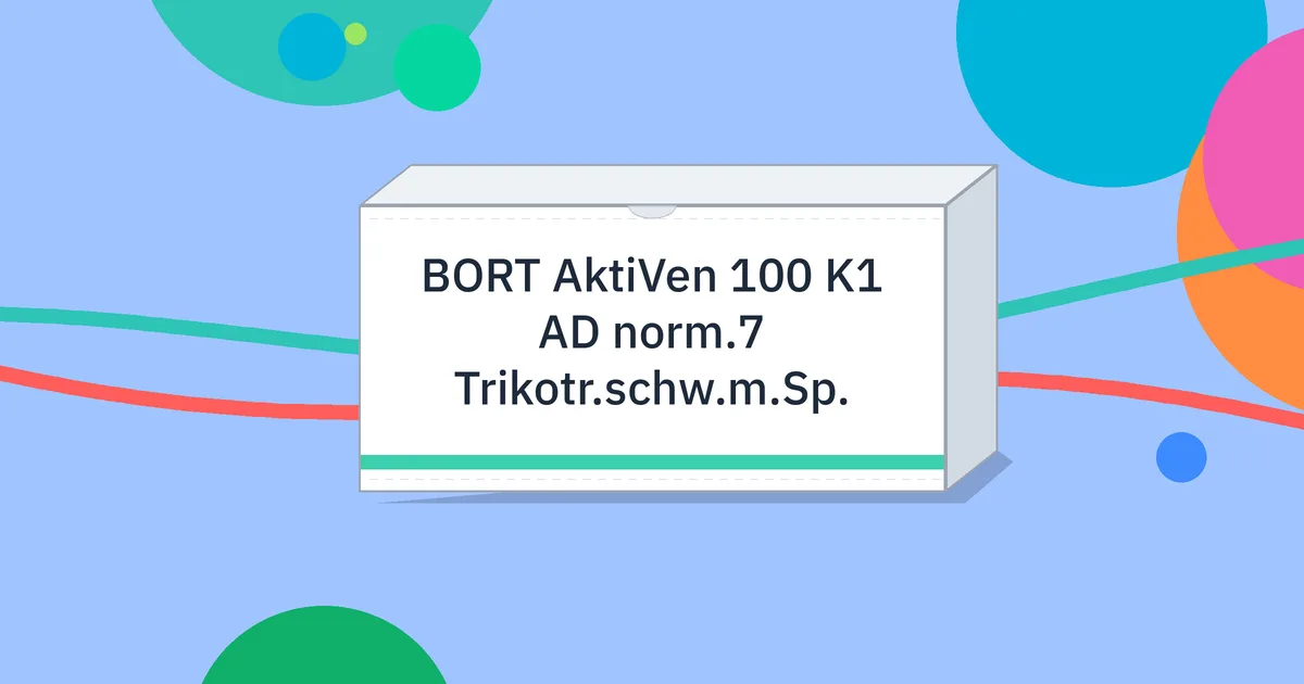 Symbolbild: Packung mit der Aufschrift BORT AktiVen 100 K1 AD norm.7 Trikotr.schw.m.Sp. (PZN 14387103) – Verfügbarkeit und Bezug in Apotheken in Frankfurt am Main
