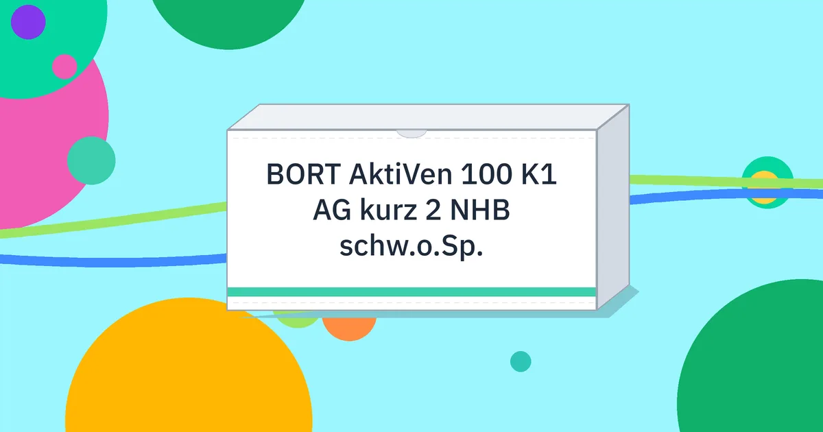 Symbolbild: Packung mit der Aufschrift BORT AktiVen 100 K1 AG kurz 2 NHB schw.o.Sp. (PZN 14387712) – Verfügbarkeit und Bezug in Apotheken in Frankfurt am Main