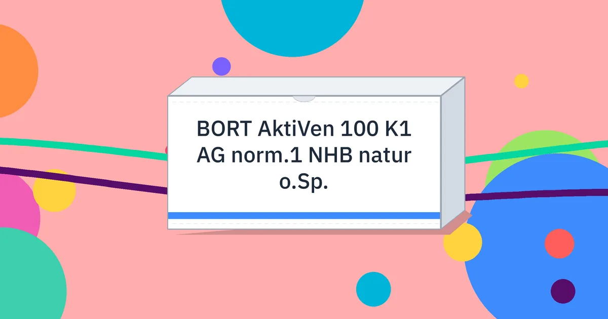 Symbolbild: Packung mit der Aufschrift BORT AktiVen 100 K1 AG norm.1 NHB natur o.Sp. (PZN 13729352) – Verfügbarkeit und Bezug in Apotheken in Frankfurt am Main