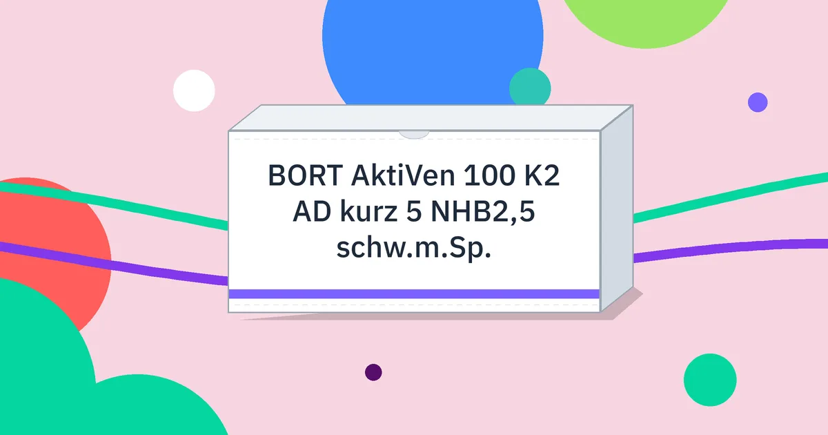 Symbolbild: Packung mit der Aufschrift BORT AktiVen 100 K2 AD kurz 5 NHB2,5 schw.m.Sp. (PZN 17501901) – Verfügbarkeit und Bezug in Apotheken in Frankfurt am Main