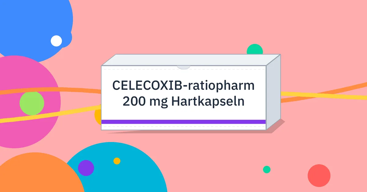 Symbolbild: Packung mit der Aufschrift CELECOXIB-ratiopharm 200 mg Hartkapseln (PZN 19172896) – Verfügbarkeit und Bezug in Apotheken in Frankfurt am Main