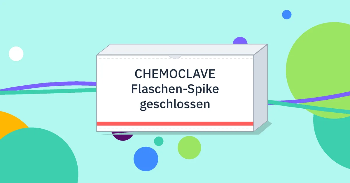 Symbolbild: Packung mit der Aufschrift CHEMOCLAVE Flaschen-Spike geschlossen (PZN 18499626) – Verfügbarkeit und Bezug in Apotheken in Frankfurt am Main