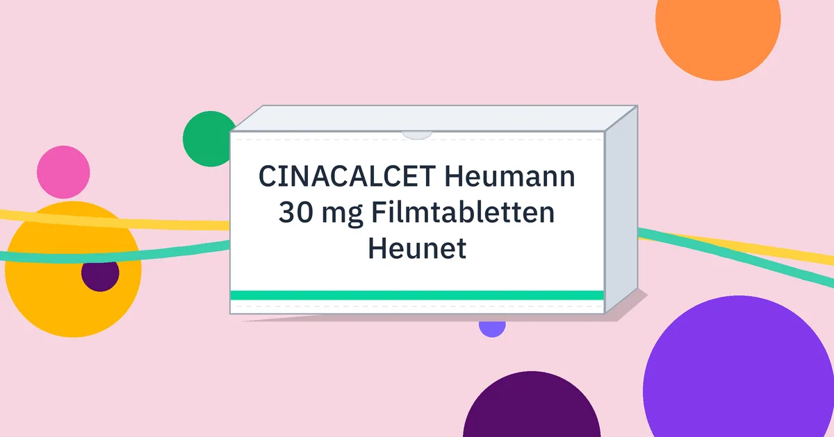Symbolbild: Packung mit der Aufschrift CINACALCET Heumann 30 mg Filmtabletten Heunet (PZN 18265561) – Verfügbarkeit und Bezug in Apotheken in Frankfurt am Main