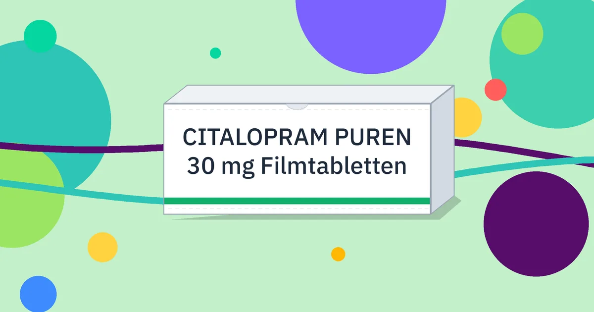 Symbolbild: Packung mit der Aufschrift CITALOPRAM PUREN 30 mg Filmtabletten (PZN 15616617) – Verfügbarkeit und Bezug in Apotheken in Frankfurt am Main