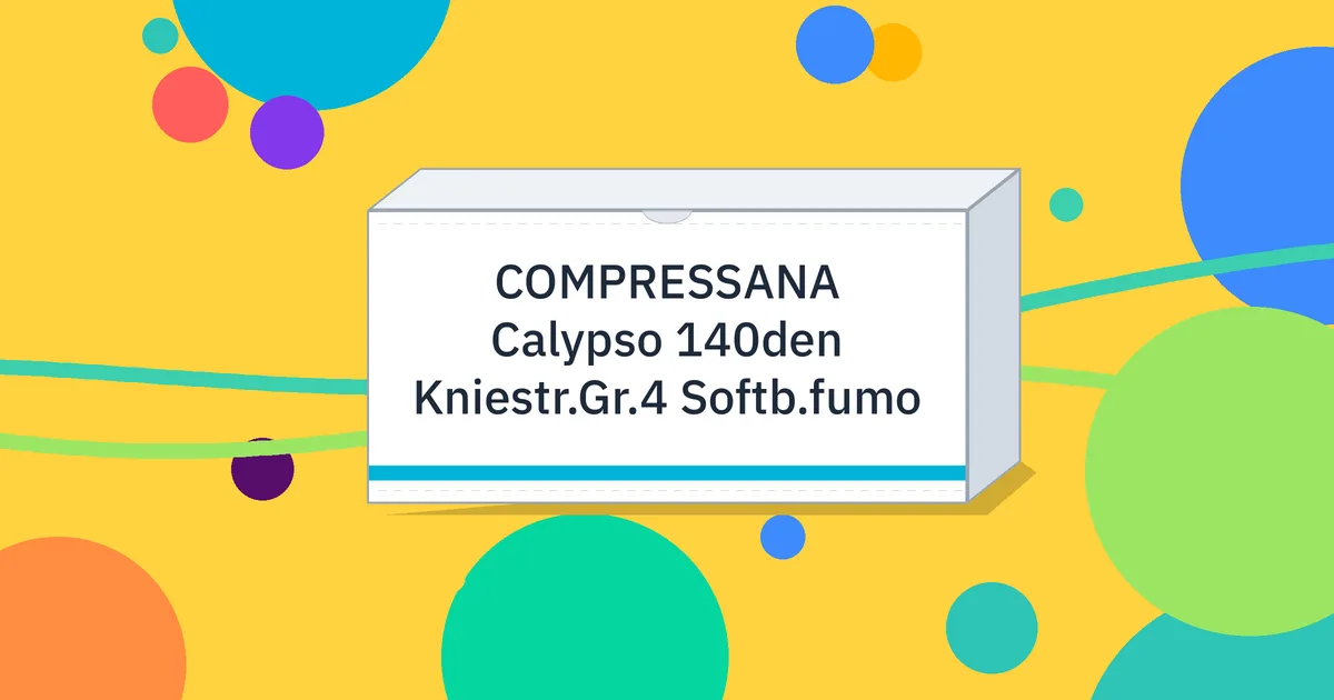 Symbolbild: Packung mit der Aufschrift COMPRESSANA Calypso 140den Kniestr.Gr.4 Softb.fumo (PZN 09077122) – Verfügbarkeit und Bezug in Apotheken in Frankfurt am Main