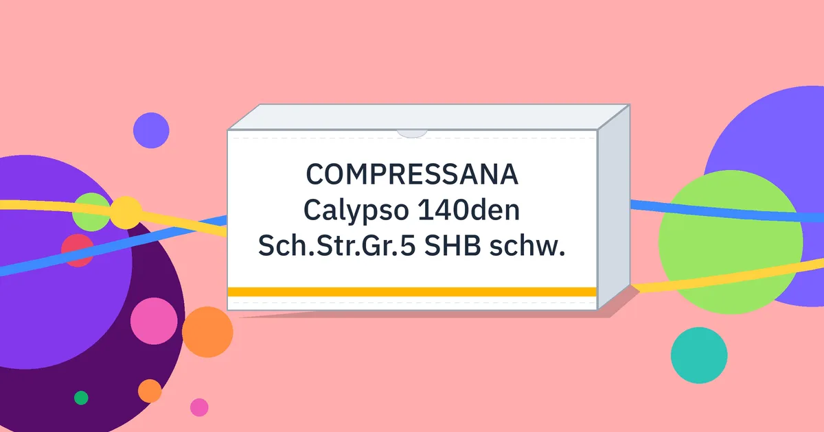 Symbolbild: Packung mit der Aufschrift COMPRESSANA Calypso 140den Sch.Str.Gr.5 SHB schw. (PZN 03115850) – Verfügbarkeit und Bezug in Apotheken in Frankfurt am Main