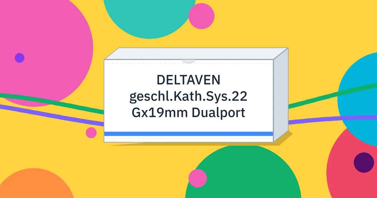 Symbolbild: Packung mit der Aufschrift DELTAVEN geschl.Kath.Sys.22 Gx19mm Dualport (PZN 13977038) – Verfügbarkeit und Bezug in Apotheken in Frankfurt am Main