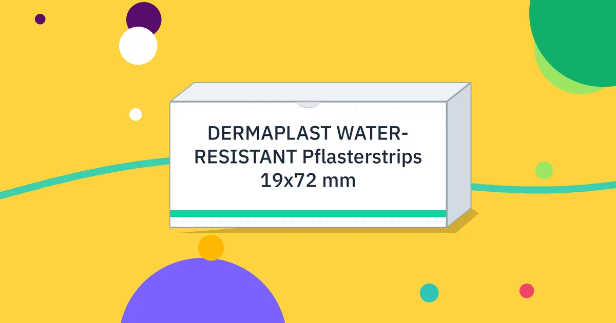 Symbolbild: Packung mit der Aufschrift DERMAPLAST WATER-RESISTANT Pflasterstrips 19x72 mm (PZN 16600127) – Verfügbarkeit und Bezug in Apotheken in Frankfurt am Main