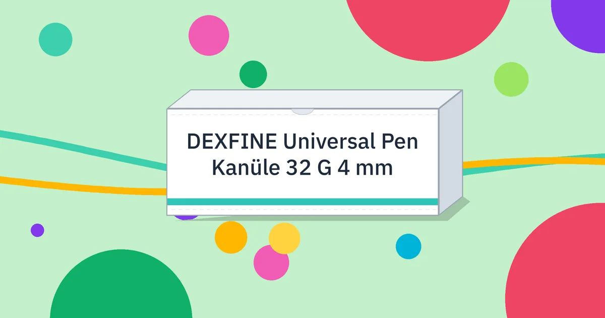 Symbolbild: Packung mit der Aufschrift DEXFINE Universal Pen Kanüle 32 G 4 mm (PZN 10187229) – Verfügbarkeit und Bezug in Apotheken in Frankfurt am Main