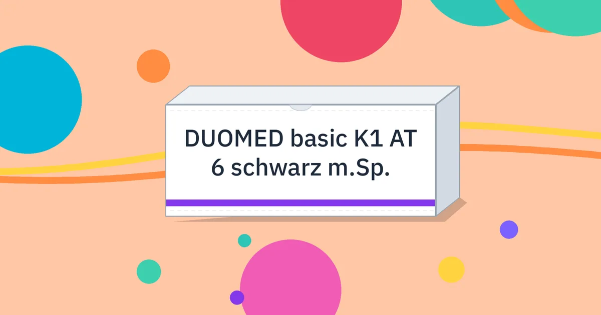 Symbolbild: Packung mit der Aufschrift DUOMED basic K1 AT 6 schwarz m.Sp. (PZN 20902816) – Verfügbarkeit und Bezug in Apotheken in Frankfurt am Main