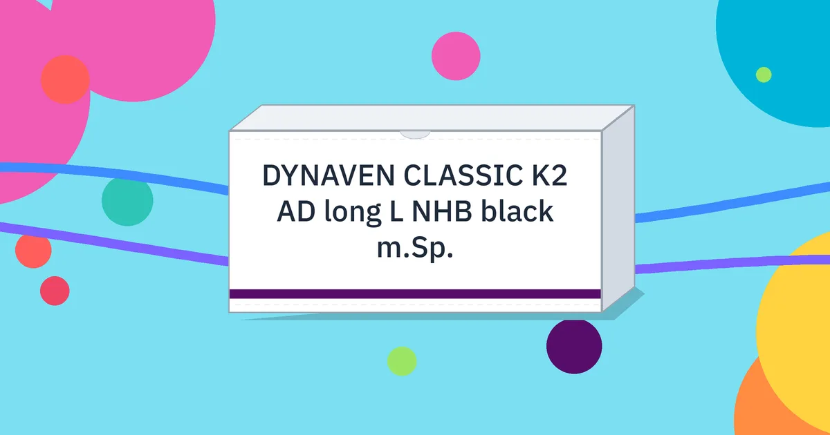 Symbolbild: Packung mit der Aufschrift DYNAVEN CLASSIC K2 AD long L NHB black m.Sp. (PZN 18417976) – Verfügbarkeit und Bezug in Apotheken in Frankfurt am Main
