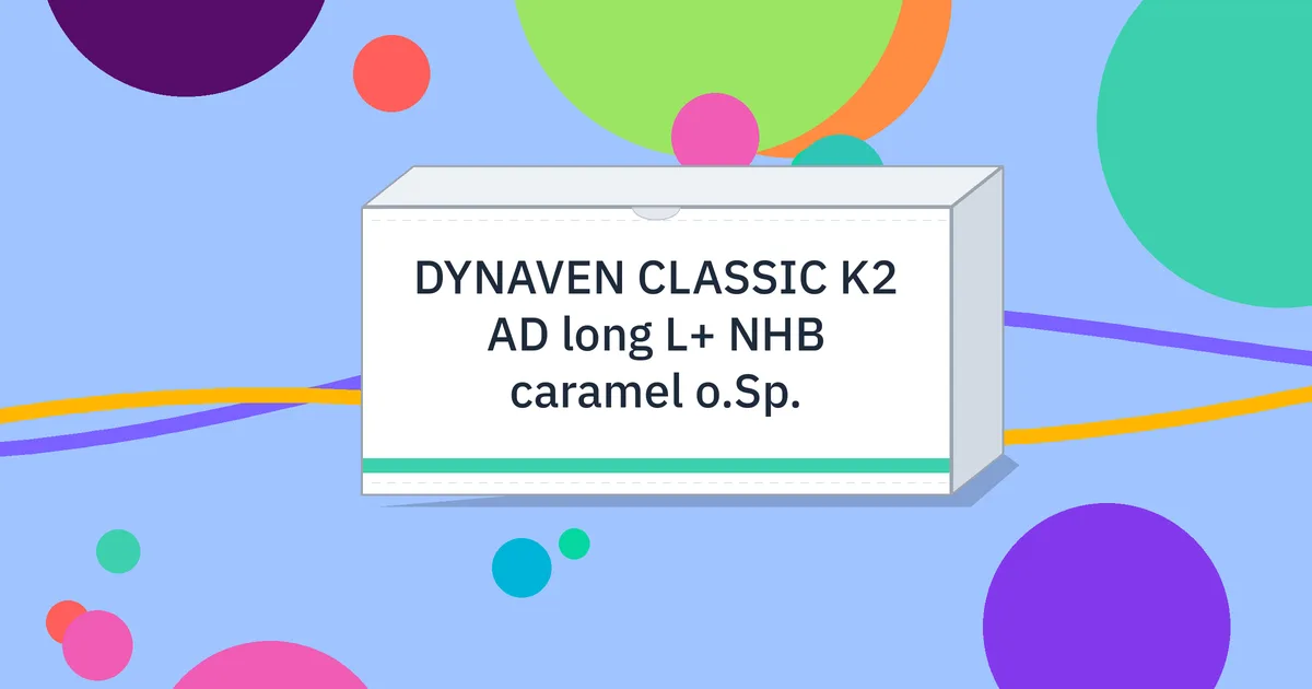 Symbolbild: Packung mit der Aufschrift DYNAVEN CLASSIC K2 AD long L+ NHB caramel o.Sp. (PZN 18417628) – Verfügbarkeit und Bezug in Apotheken in Frankfurt am Main