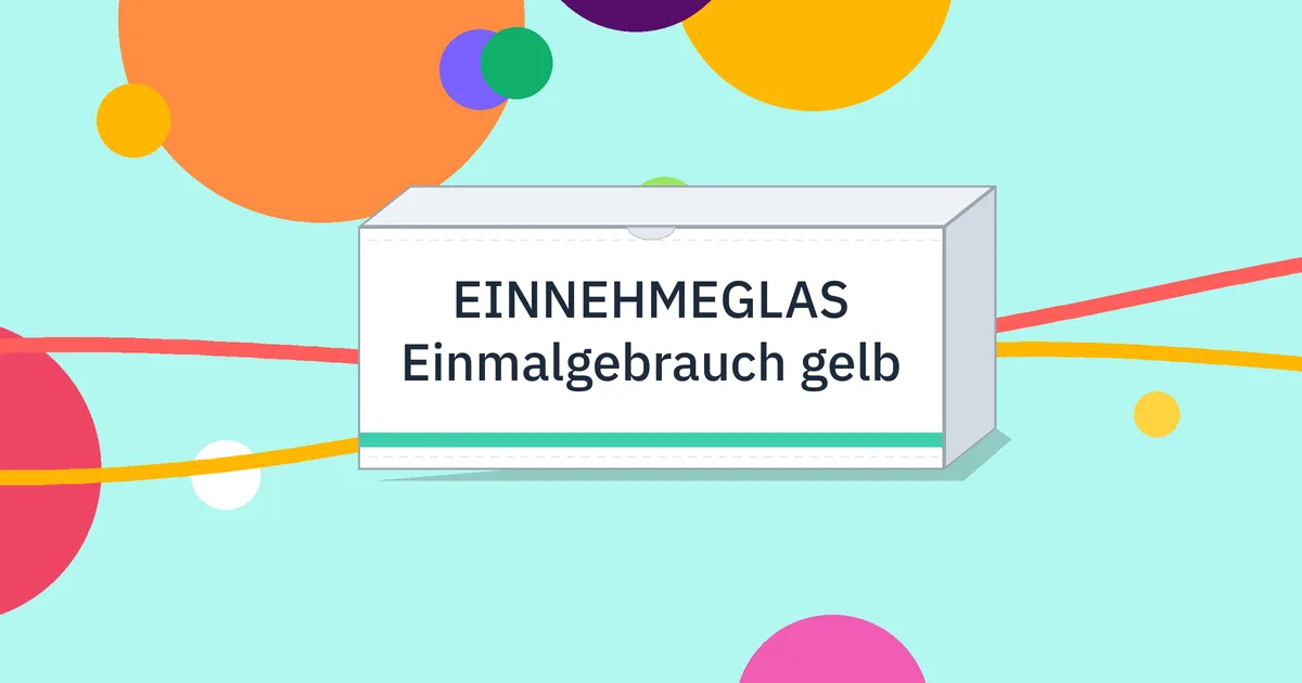 Symbolbild: Packung mit der Aufschrift EINNEHMEGLAS Einmalgebrauch gelb (PZN 02438999) – Verfügbarkeit und Bezug in Apotheken in Frankfurt am Main