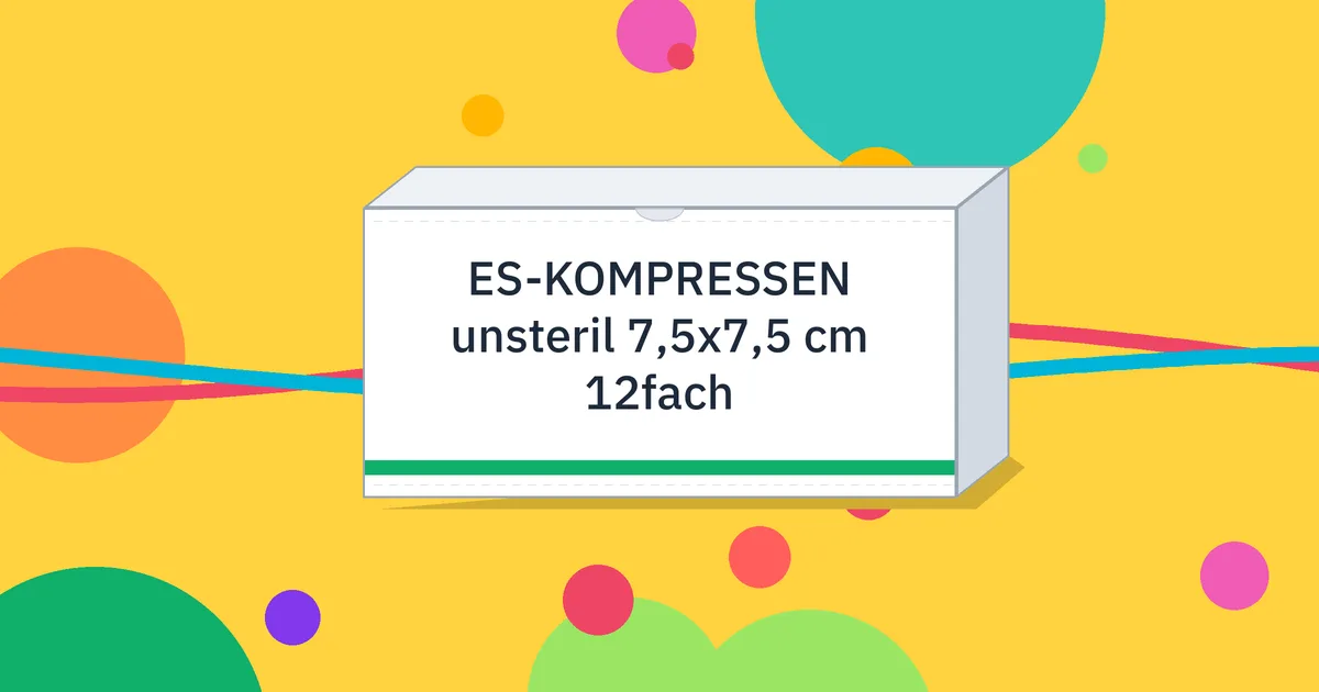 Symbolbild: Packung mit der Aufschrift ES-KOMPRESSEN unsteril 7,5x7,5 cm 12fach (PZN 19469403) – Verfügbarkeit und Bezug in Apotheken in Frankfurt am Main