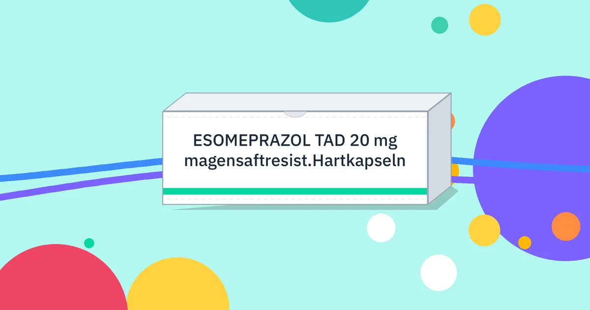 Symbolbild: Packung mit der Aufschrift ESOMEPRAZOL TAD 20 mg magensaftresist.Hartkapseln (PZN 06834249) – Verfügbarkeit und Bezug in Apotheken in Frankfurt am Main