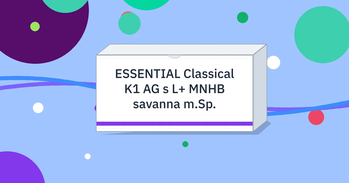 Symbolbild: Packung mit der Aufschrift ESSENTIAL Classical K1 AG s L+ MNHB savanna m.Sp. (PZN 19320693) – Verfügbarkeit und Bezug in Apotheken in Frankfurt am Main