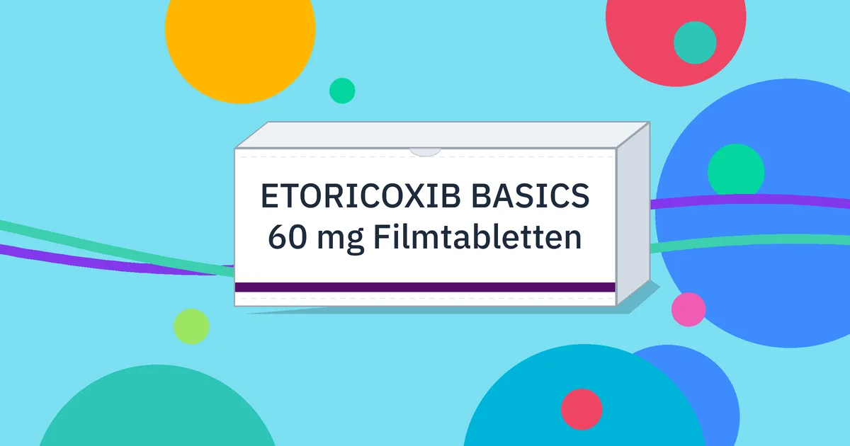 Symbolbild: Packung mit der Aufschrift ETORICOXIB BASICS 60 mg Filmtabletten (PZN 13153219) – Verfügbarkeit und Bezug in Apotheken in Frankfurt am Main