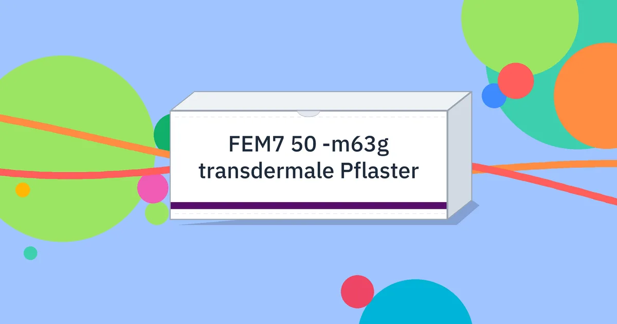Symbolbild: Packung mit der Aufschrift FEM7 50 -m63g transdermale Pflaster (PZN 07525711) – Verfügbarkeit und Bezug in Apotheken in Frankfurt am Main