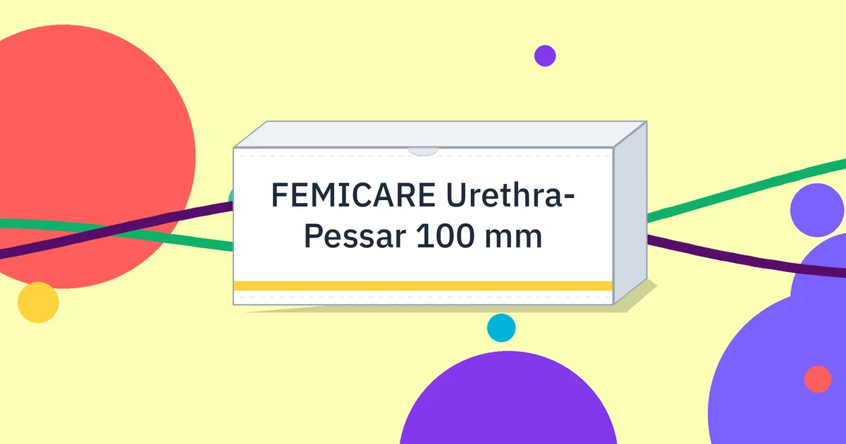Symbolbild: Packung mit der Aufschrift FEMICARE Urethra-Pessar 100 mm (PZN 19336613) – Verfügbarkeit und Bezug in Apotheken in Frankfurt am Main