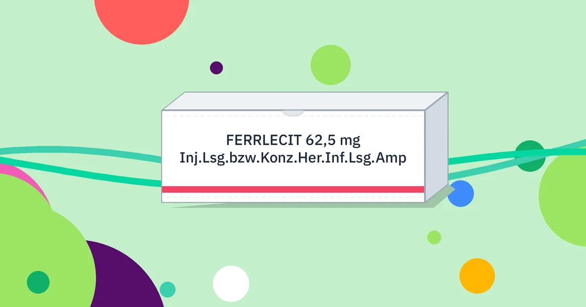 Symbolbild: Packung mit der Aufschrift FERRLECIT 62,5 mg Inj.Lsg.bzw.Konz.Her.Inf.Lsg.Amp (PZN 18409095) – Verfügbarkeit und Bezug in Apotheken in Frankfurt am Main