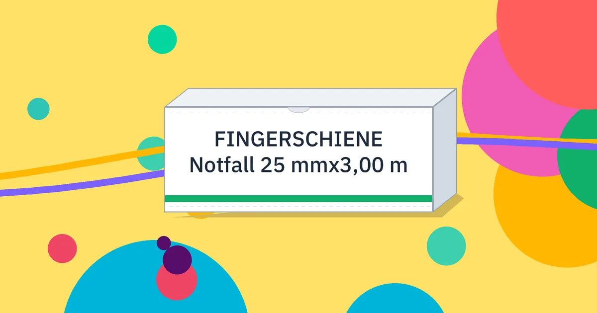 Symbolbild: Packung mit der Aufschrift FINGERSCHIENE Notfall 25 mmx3,00 m (PZN 19228183) – Verfügbarkeit und Bezug in Apotheken in Frankfurt am Main