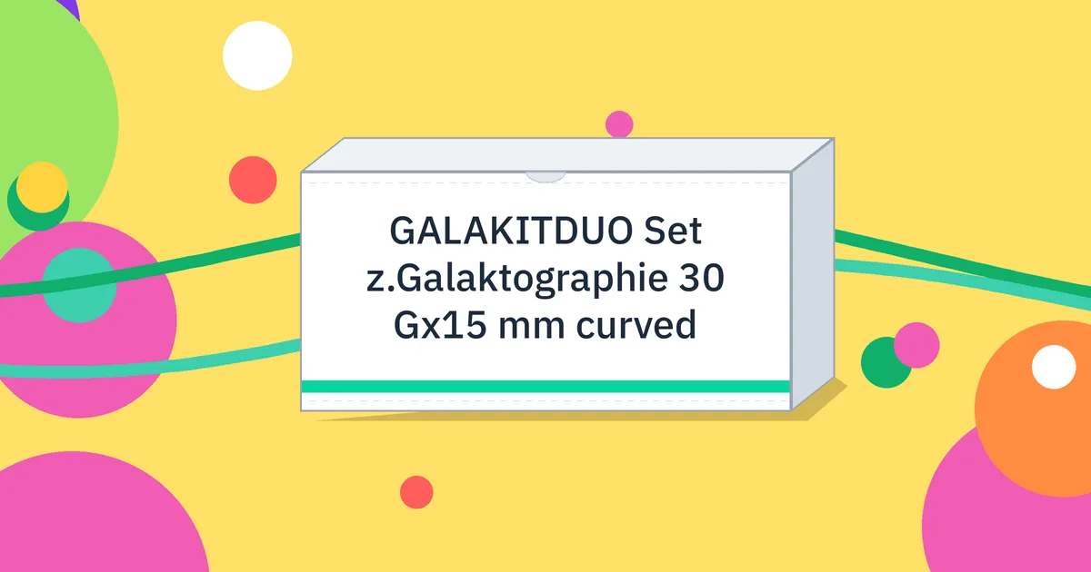 Symbolbild: Packung mit der Aufschrift GALAKITDUO Set z.Galaktographie 30 Gx15 mm curved (PZN 16362828) – Verfügbarkeit und Bezug in Apotheken in Frankfurt am Main