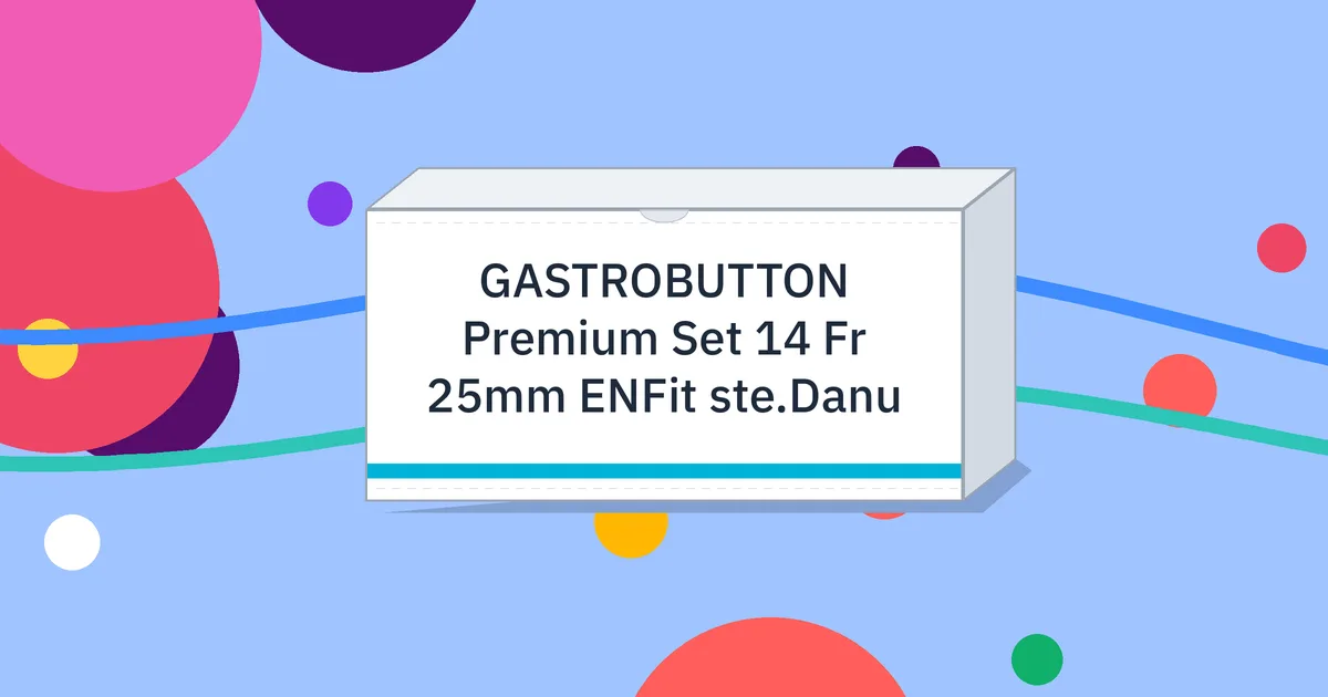 Symbolbild: Packung mit der Aufschrift GASTROBUTTON Premium Set 14 Fr 25mm ENFit ste.Danu (PZN 16883467) – Verfügbarkeit und Bezug in Apotheken in Frankfurt am Main