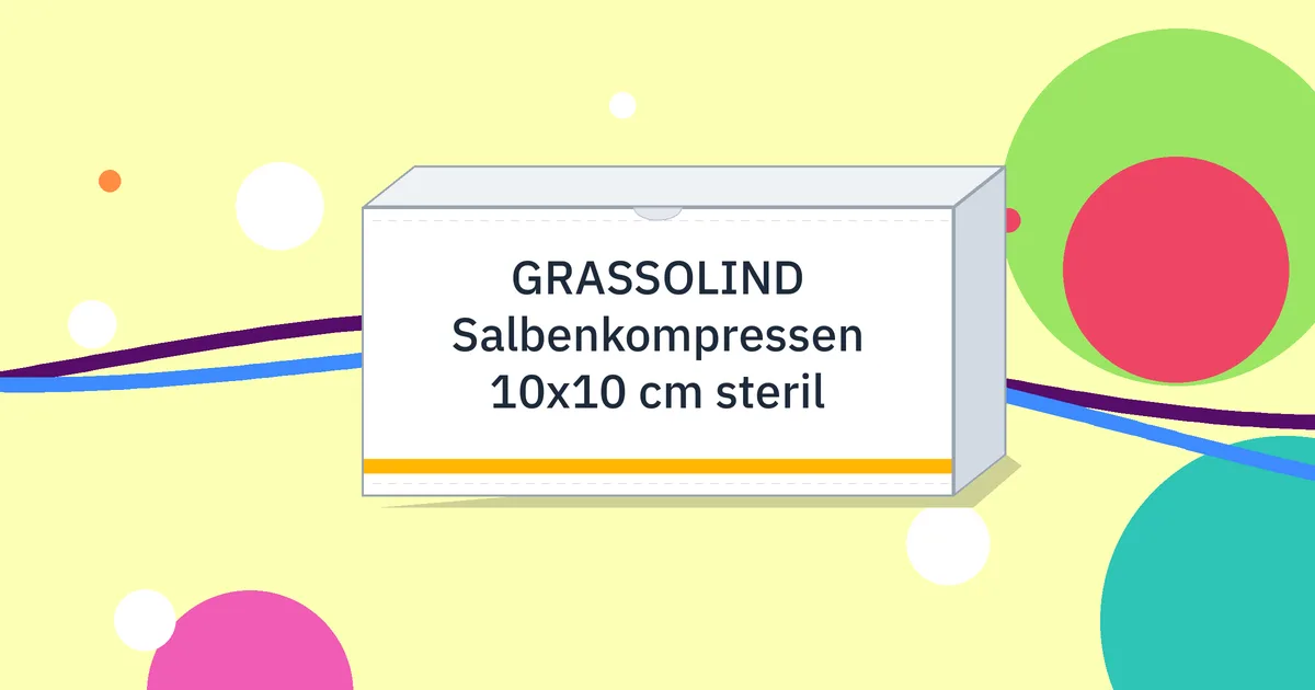 Symbolbild: Packung mit der Aufschrift GRASSOLIND Salbenkompressen 10x10 cm steril (PZN 12594105) – Verfügbarkeit und Bezug in Apotheken in Frankfurt am Main