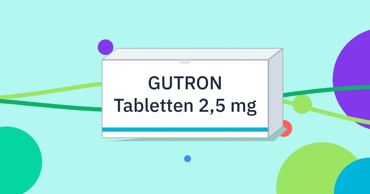 Symbolbild: Packung mit der Aufschrift GUTRON Tabletten 2,5 mg (PZN 08874419) – Verfügbarkeit und Bezug in Apotheken in Frankfurt am Main