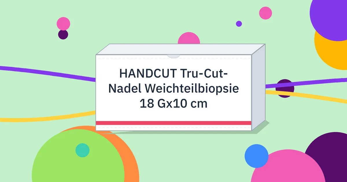 Symbolbild: Packung mit der Aufschrift HANDCUT Tru-Cut-Nadel Weichteilbiopsie 18 Gx10 cm (PZN 19736459) – Verfügbarkeit und Bezug in Apotheken in Frankfurt am Main