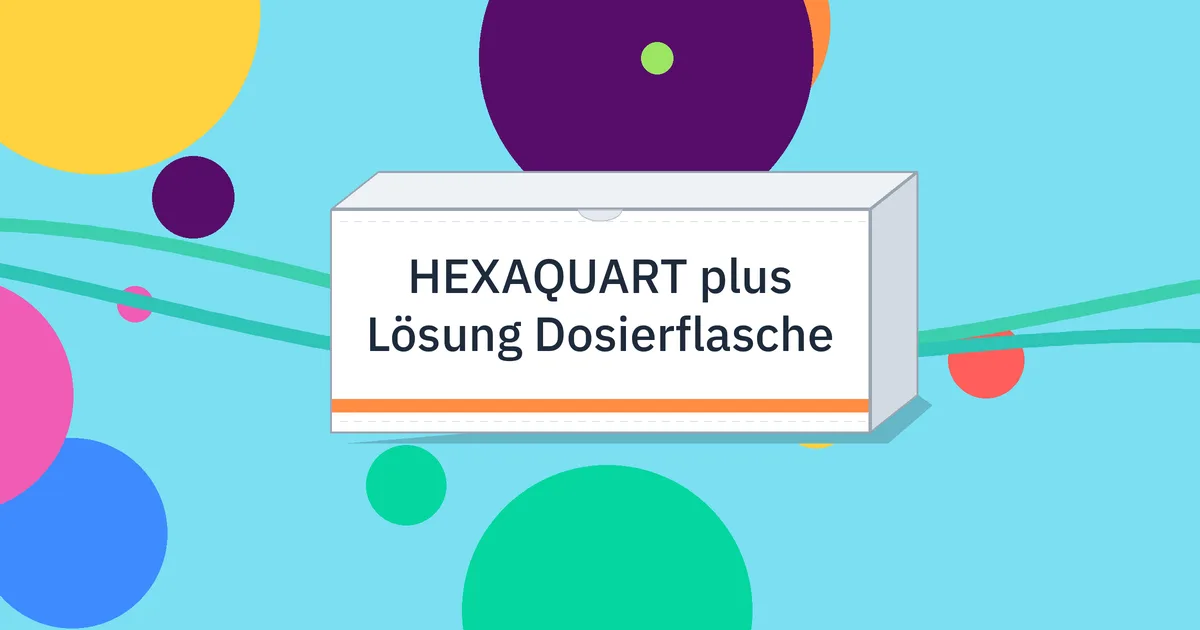 Symbolbild: Packung mit der Aufschrift HEXAQUART plus Lösung Dosierflasche (PZN 08504898) – Verfügbarkeit und Bezug in Apotheken in Frankfurt am Main
