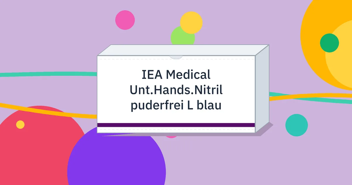 Symbolbild: Packung mit der Aufschrift IEA Medical Unt.Hands.Nitril puderfrei L blau (PZN 18742156) – Verfügbarkeit und Bezug in Apotheken in Frankfurt am Main