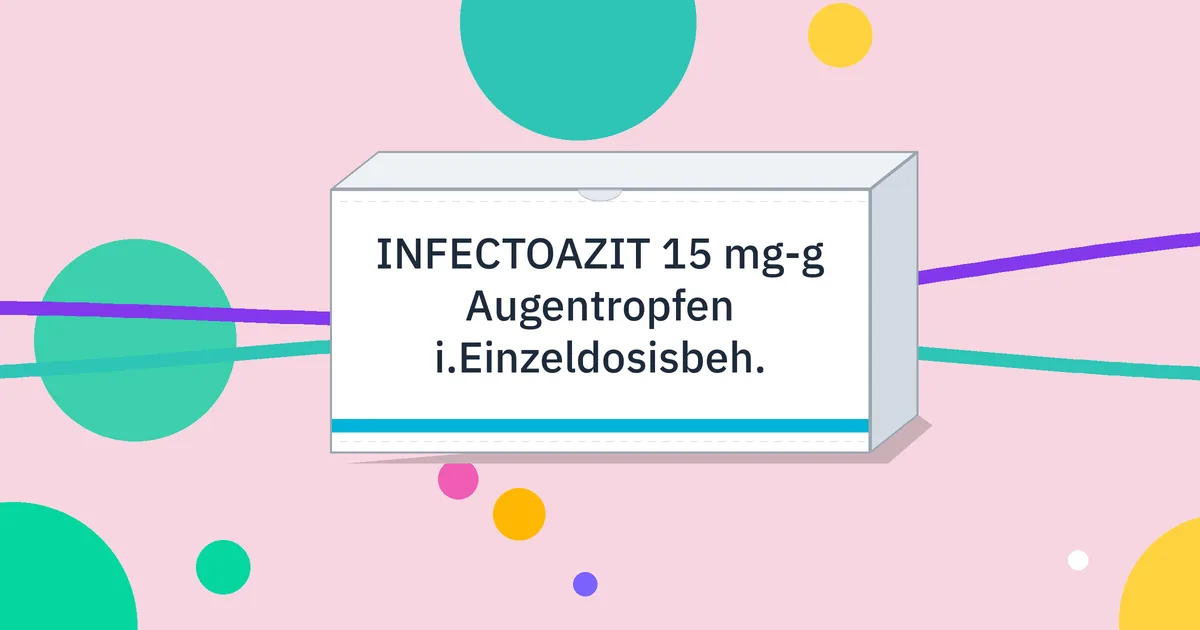 Symbolbild: Packung mit der Aufschrift INFECTOAZIT 15 mg-g Augentropfen i.Einzeldosisbeh. (PZN 08813866) – Verfügbarkeit und Bezug in Apotheken in Frankfurt am Main