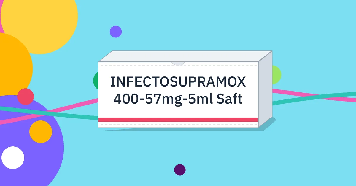 Symbolbild: Packung mit der Aufschrift INFECTOSUPRAMOX 400-57mg-5ml Saft (PZN 04771680) – Verfügbarkeit und Bezug in Apotheken in Frankfurt am Main