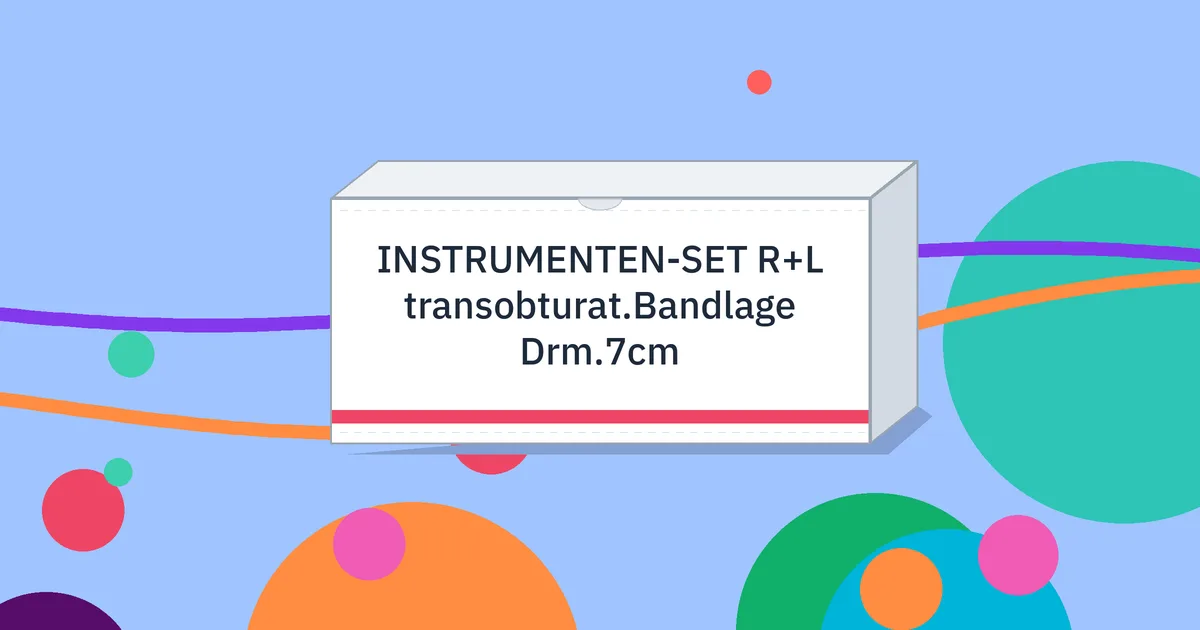 Symbolbild: Packung mit der Aufschrift INSTRUMENTEN-SET R+L transobturat.Bandlage Drm.7cm (PZN 19389928) – Verfügbarkeit und Bezug in Apotheken in Frankfurt am Main