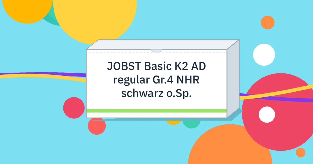 Symbolbild: Packung mit der Aufschrift JOBST Basic K2 AD regular Gr.4 NHR schwarz o.Sp. (PZN 15313087) – Verfügbarkeit und Bezug in Apotheken in Frankfurt am Main