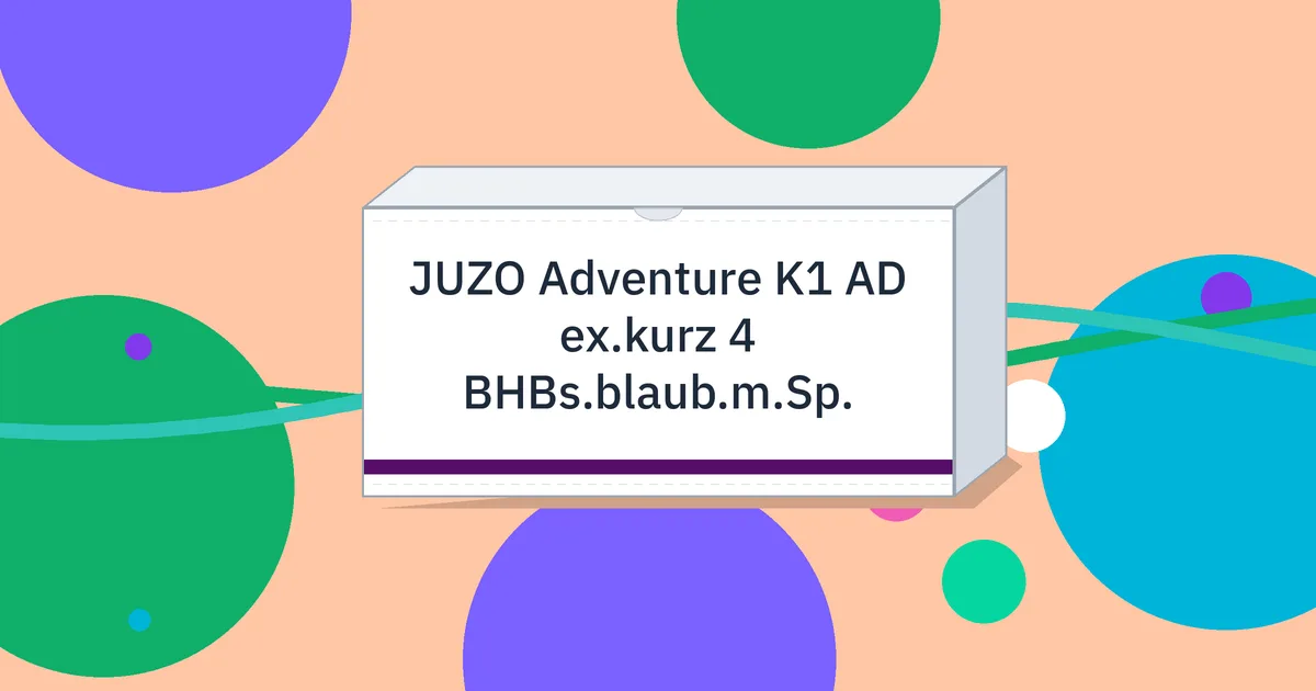 Symbolbild: Packung mit der Aufschrift JUZO Adventure K1 AD ex.kurz 4 BHBs.blaub.m.Sp. (PZN 16345600) – Verfügbarkeit und Bezug in Apotheken in Frankfurt am Main