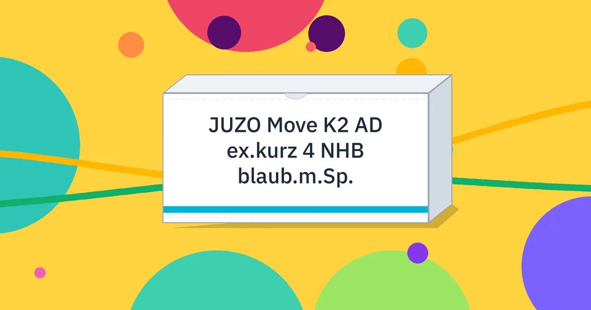 Symbolbild: Packung mit der Aufschrift JUZO Move K2 AD ex.kurz 4 NHB blaub.m.Sp. (PZN 18541742) – Verfügbarkeit und Bezug in Apotheken in Frankfurt am Main