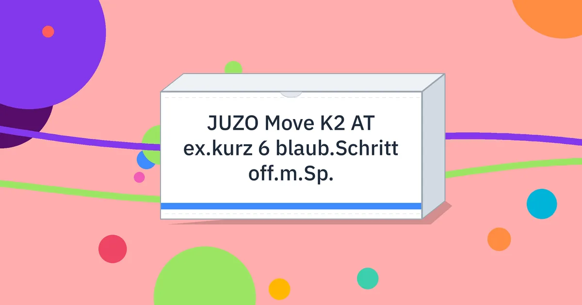 Symbolbild: Packung mit der Aufschrift JUZO Move K2 AT ex.kurz 6 blaub.Schritt off.m.Sp. (PZN 20671386) – Verfügbarkeit und Bezug in Apotheken in Frankfurt am Main