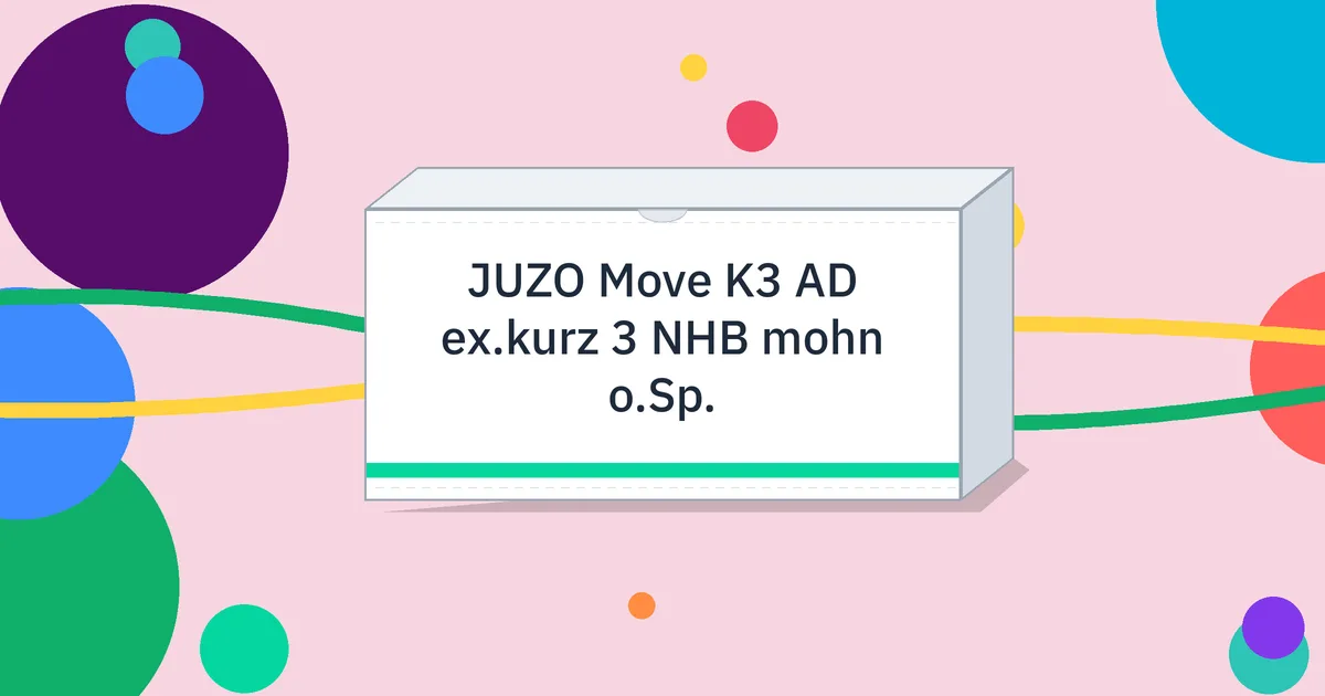 Symbolbild: Packung mit der Aufschrift JUZO Move K3 AD ex.kurz 3 NHB mohn o.Sp. (PZN 18574084) – Verfügbarkeit und Bezug in Apotheken in Frankfurt am Main