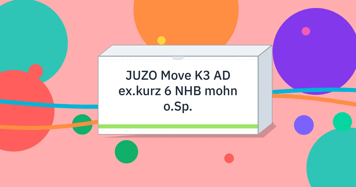 Symbolbild: Packung mit der Aufschrift JUZO Move K3 AD ex.kurz 6 NHB mohn o.Sp. (PZN 18574115) – Verfügbarkeit und Bezug in Apotheken in Frankfurt am Main