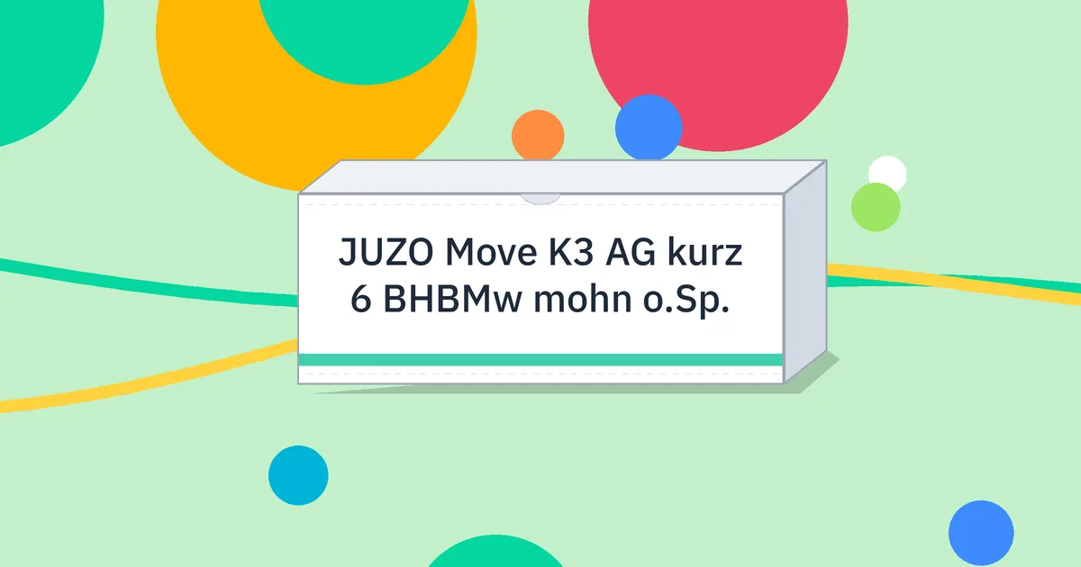 Symbolbild: Packung mit der Aufschrift JUZO Move K3 AG kurz 6 BHBMw mohn o.Sp. (PZN 18594170) – Verfügbarkeit und Bezug in Apotheken in Frankfurt am Main