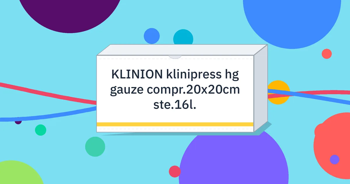 Symbolbild: Packung mit der Aufschrift KLINION klinipress hg gauze compr.20x20cm ste.16l. (PZN 19808621) – Verfügbarkeit und Bezug in Apotheken in Frankfurt am Main
