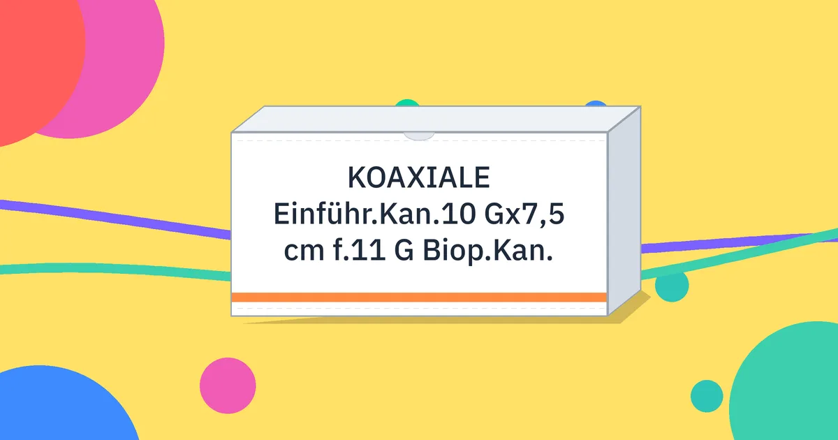 Symbolbild: Packung mit der Aufschrift KOAXIALE Einführ.Kan.10 Gx7,5 cm f.11 G Biop.Kan. (PZN 06124766) – Verfügbarkeit und Bezug in Apotheken in Frankfurt am Main