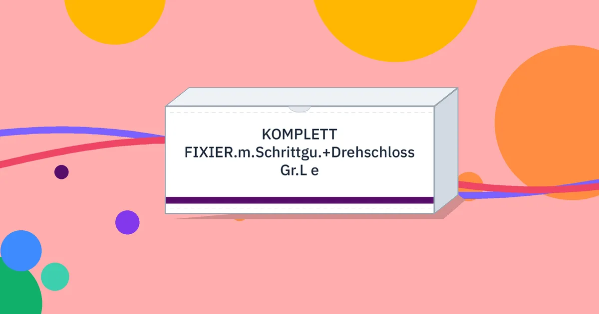 Symbolbild: Packung mit der Aufschrift KOMPLETT FIXIER.m.Schrittgu.+Drehschloss Gr.L e (PZN 11573242) – Verfügbarkeit und Bezug in Apotheken in Frankfurt am Main
