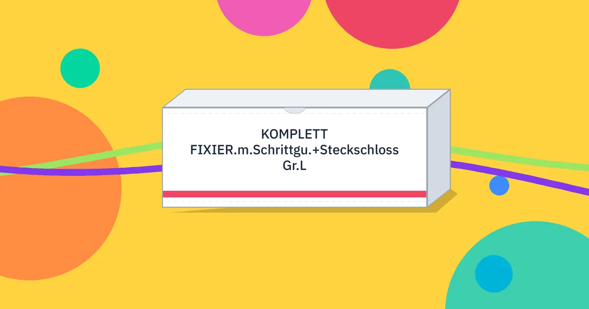 Symbolbild: Packung mit der Aufschrift KOMPLETT FIXIER.m.Schrittgu.+Steckschloss Gr.L (PZN 11573408) – Verfügbarkeit und Bezug in Apotheken in Frankfurt am Main