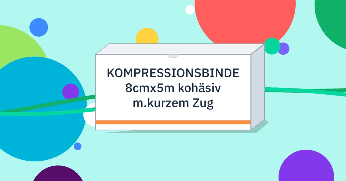 Symbolbild: Packung mit der Aufschrift KOMPRESSIONSBINDE 8cmx5m kohäsiv m.kurzem Zug (PZN 00537042) – Verfügbarkeit und Bezug in Apotheken in Frankfurt am Main