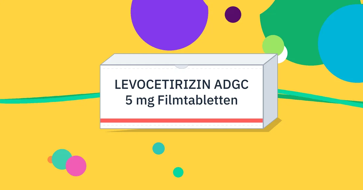 Symbolbild: Packung mit der Aufschrift LEVOCETIRIZIN ADGC 5 mg Filmtabletten (PZN 18082932) – Verfügbarkeit und Bezug in Apotheken in Frankfurt am Main