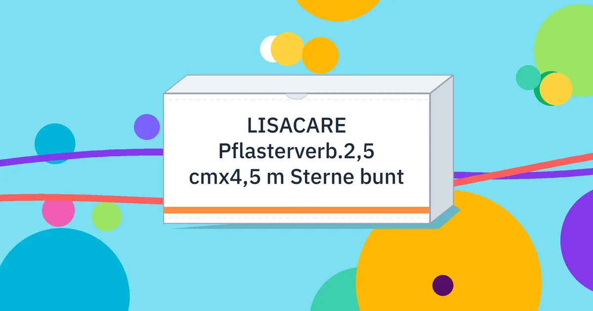 Symbolbild: Packung mit der Aufschrift LISACARE Pflasterverb.2,5 cmx4,5 m Sterne bunt (PZN 17891888) – Verfügbarkeit und Bezug in Apotheken in Frankfurt am Main